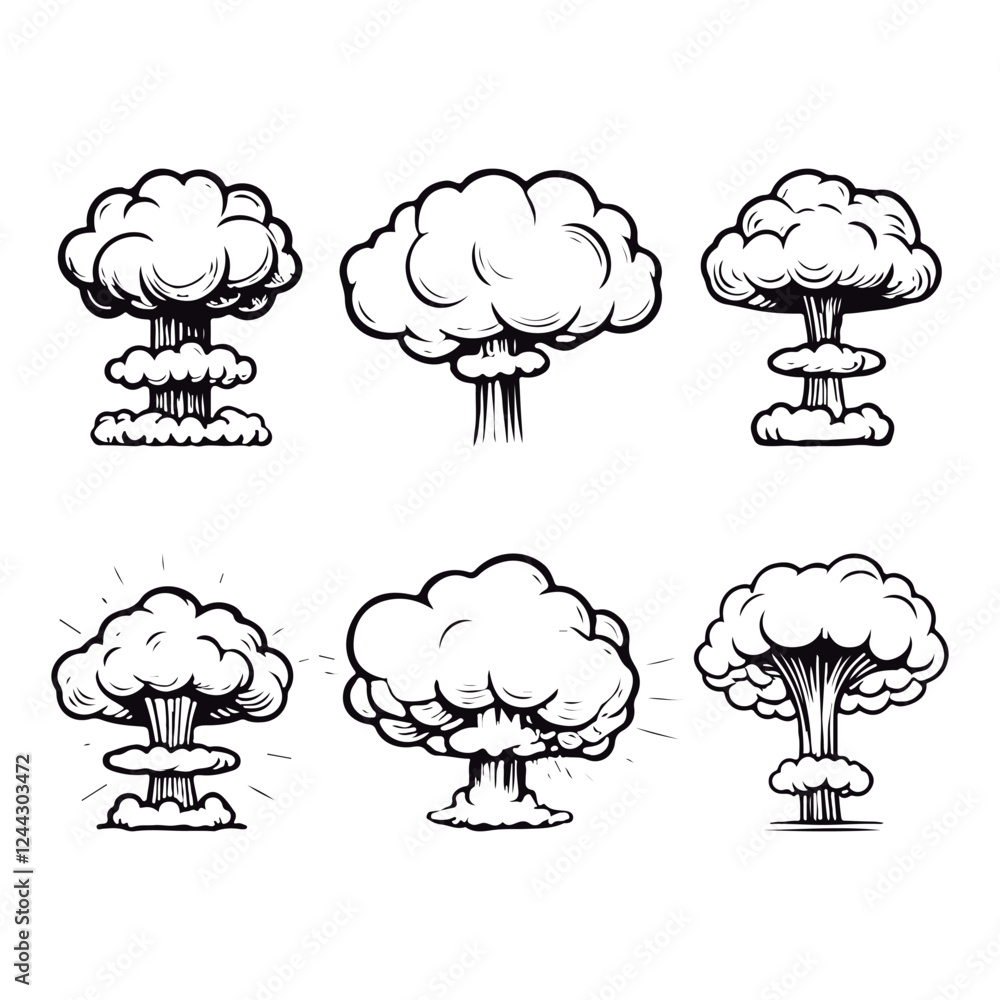 Cartoon nuclear explosion cloud and mushroom cloud. Cartoon black ...