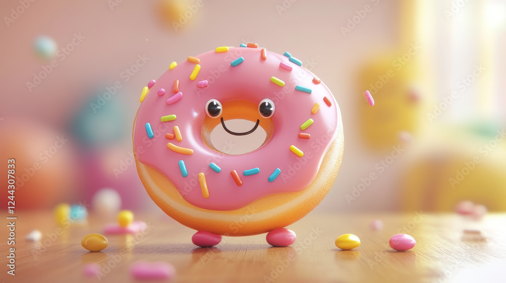 Cartoon pink donut dessert character, vector bakery personage with ...