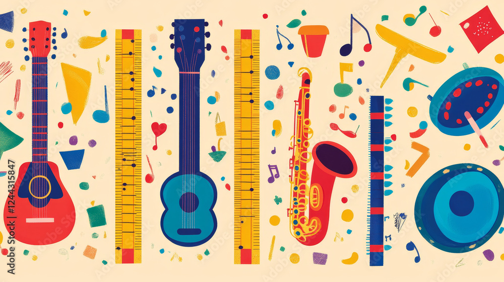 Kids height chart ruler. Cartoon musical instrument characters. Child ...