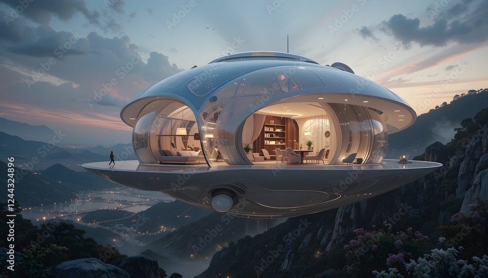 8K futuristic floating orb-shaped house with translucent surfaces ...