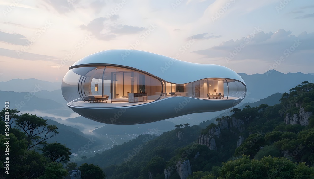 8K futuristic floating orb-shaped house with translucent surfaces ...