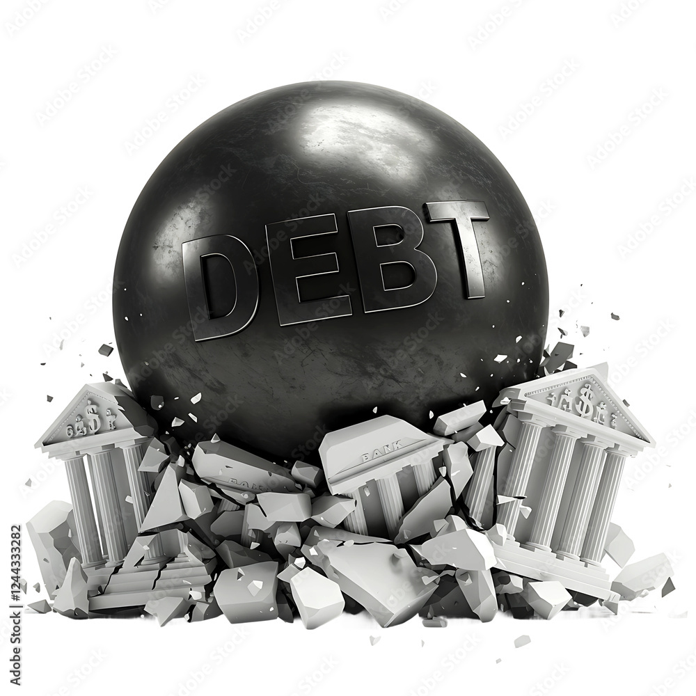Symbolic 'DEBT' Text on Black Sphere Crushing Classical Architecture ...