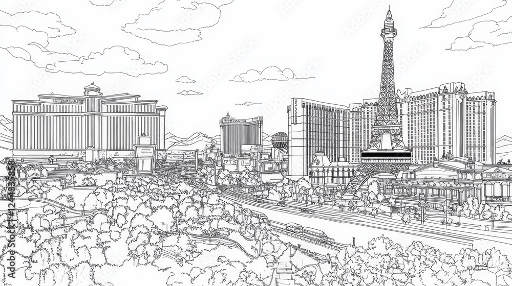Las Vegas Skyline Coloring Page - Adult coloring page featuring a ...