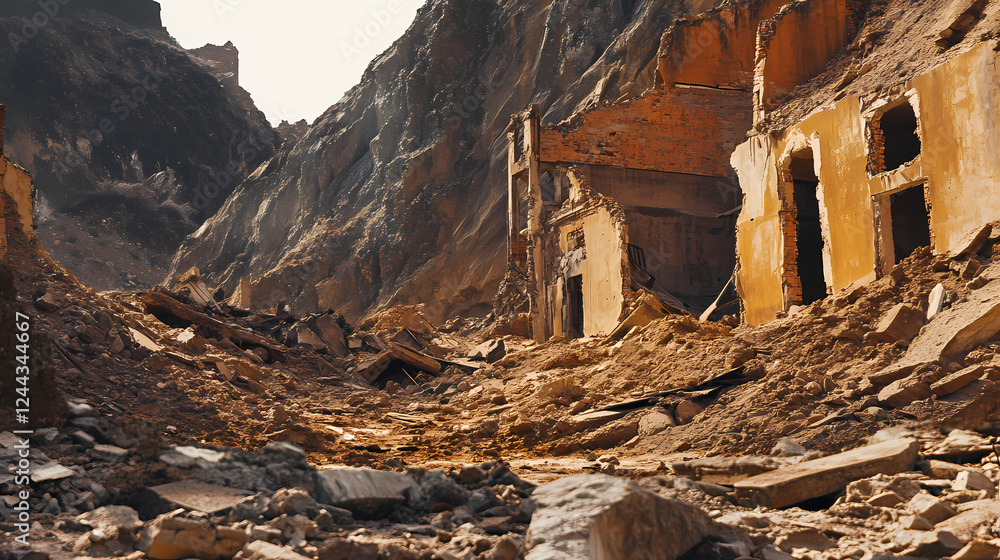 Abandoned structures buried under the rubble of a massive landslide ...