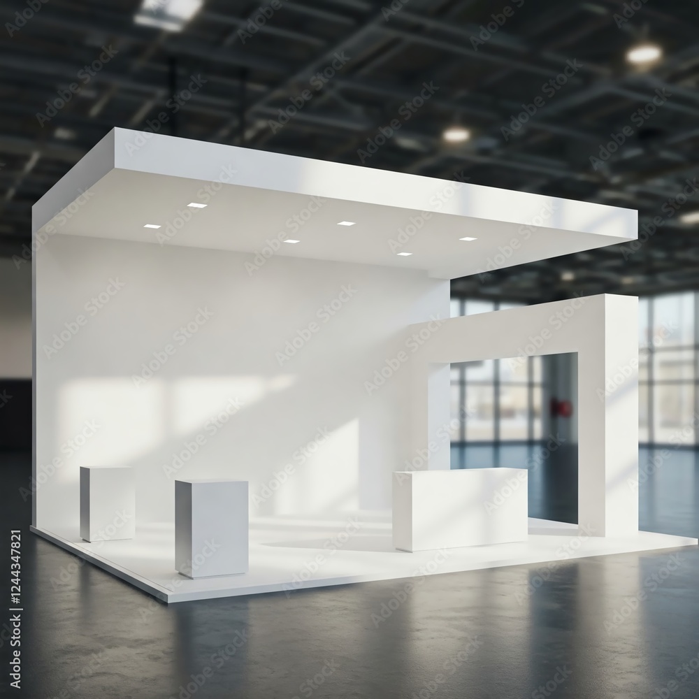 Minimalist exhibition stand with a round glass table, bar counter, and ...