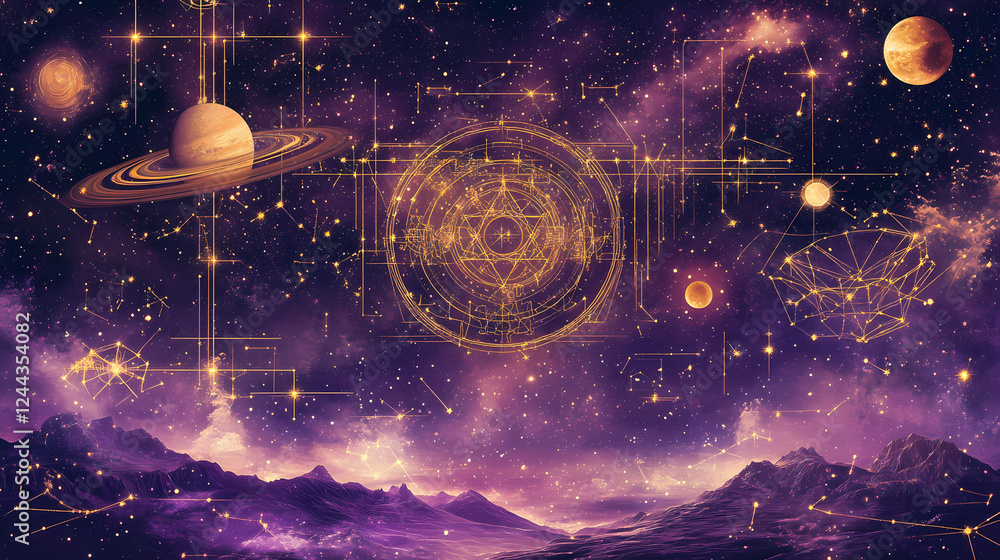 Mystical golden esoteric chart showing stars, planets, and celestial ...