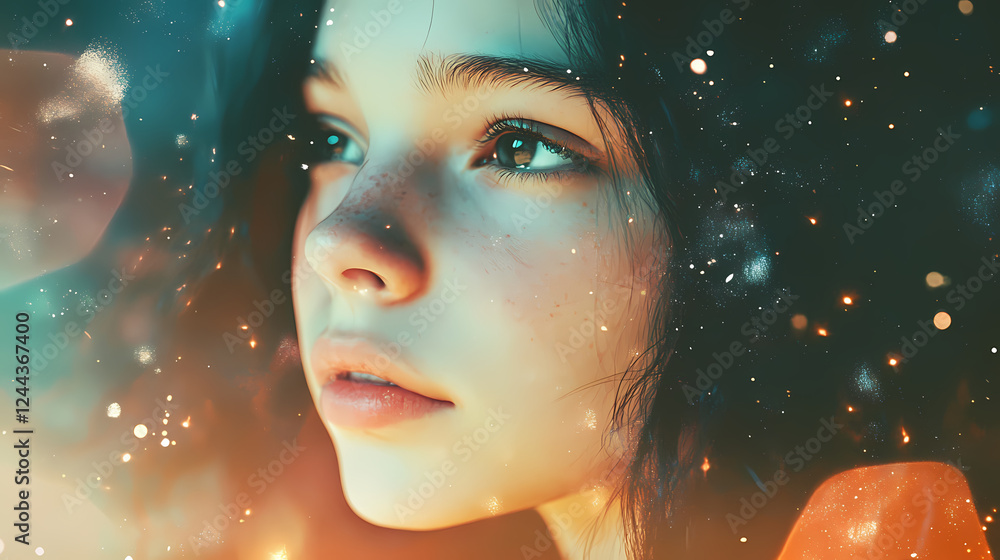 Ethereal magic girl portrait on cosmic space background, mystic ...