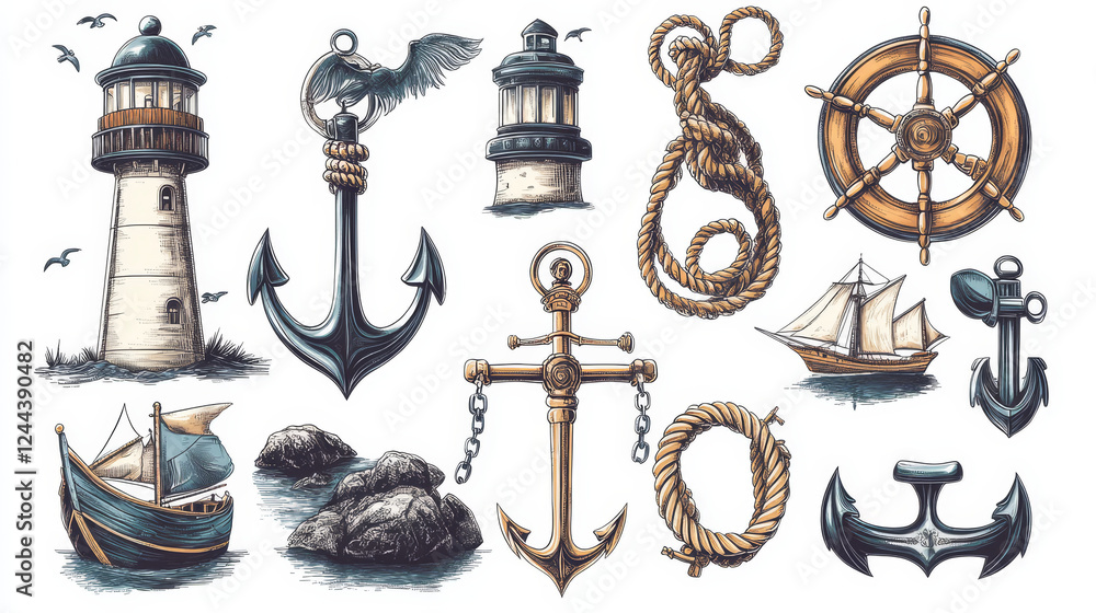 Set of nautical heraldry themed design elements with assorted anchors ...