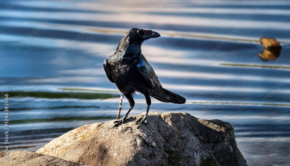 Majestic American Crow Bird Perched on Rocky Outcrop at Lake Edge ...