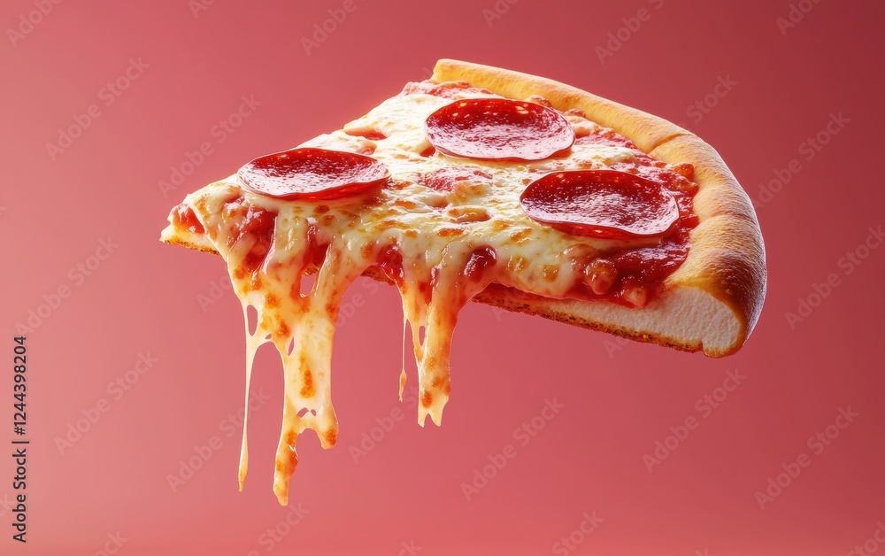Hovering slice of pepperoni pizza with cheese pull effect on a pastel ...