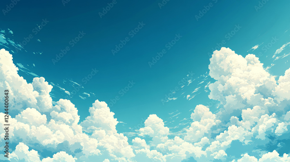 8bit pixel blue sky background with clouds, cloudy game landscape ...