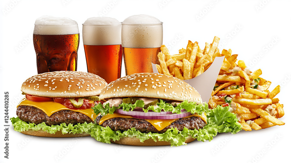 Fast food vector poster with combo meals and drinks burger, beer and ...