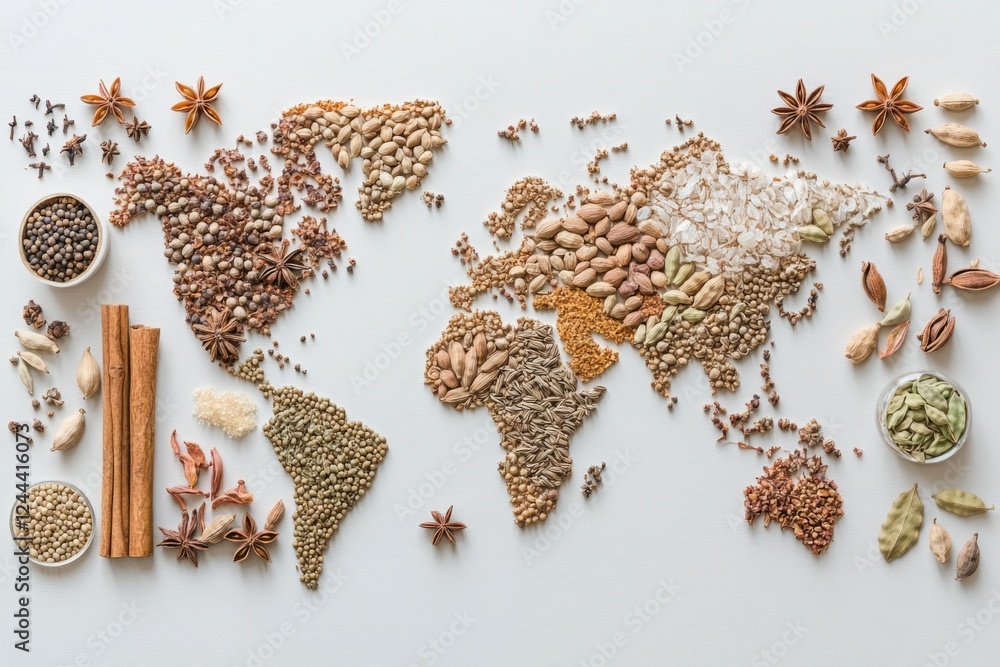 Cereals arranged on a world map showcasing diverse grains, seeds, and ...