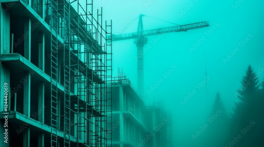 Construction site shrouded in fog with crane and scaffolding ...