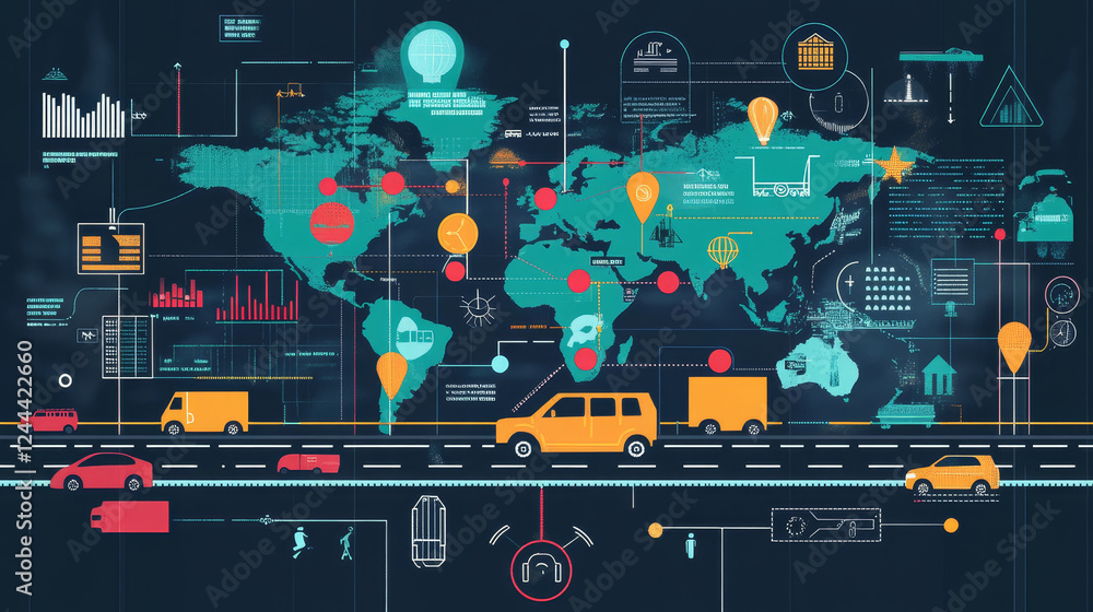 Traffic and transportation vector infographics. World map with pie ...