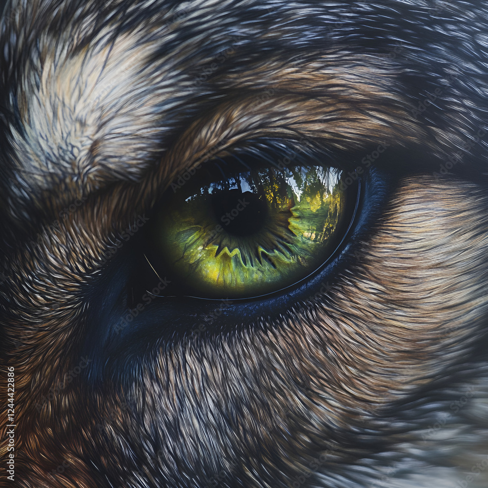 Extreme close-up of a wolf’s eye with an emerald-green iris and forest ...