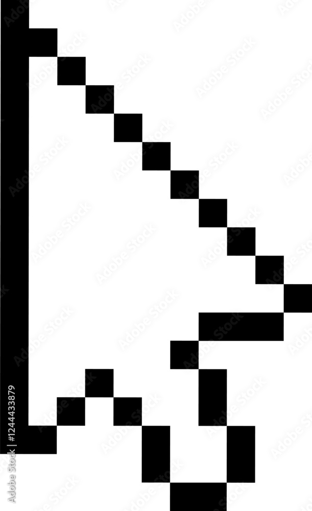 Black pixelated arrow cursor pointing diagonally upwards against a clean white background ...