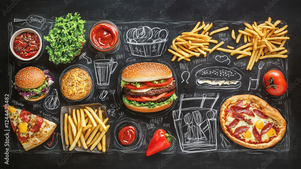 Fast food restaurant banner set with chalkboard menu. Fast food lunch ...
