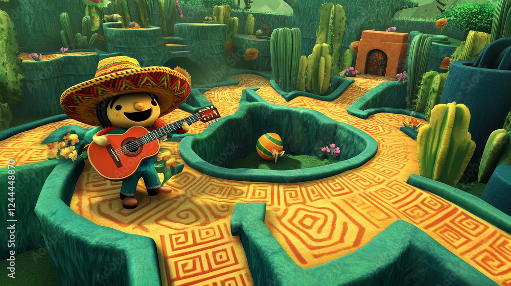 Labyrinth maze game. Cartoon mexican sombrero, guitar, poncho and ...