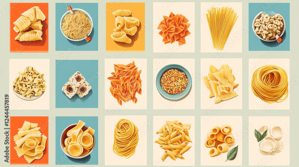 Italian pasta retro posters, vector macaroni rigatti, tagliatelle and ...