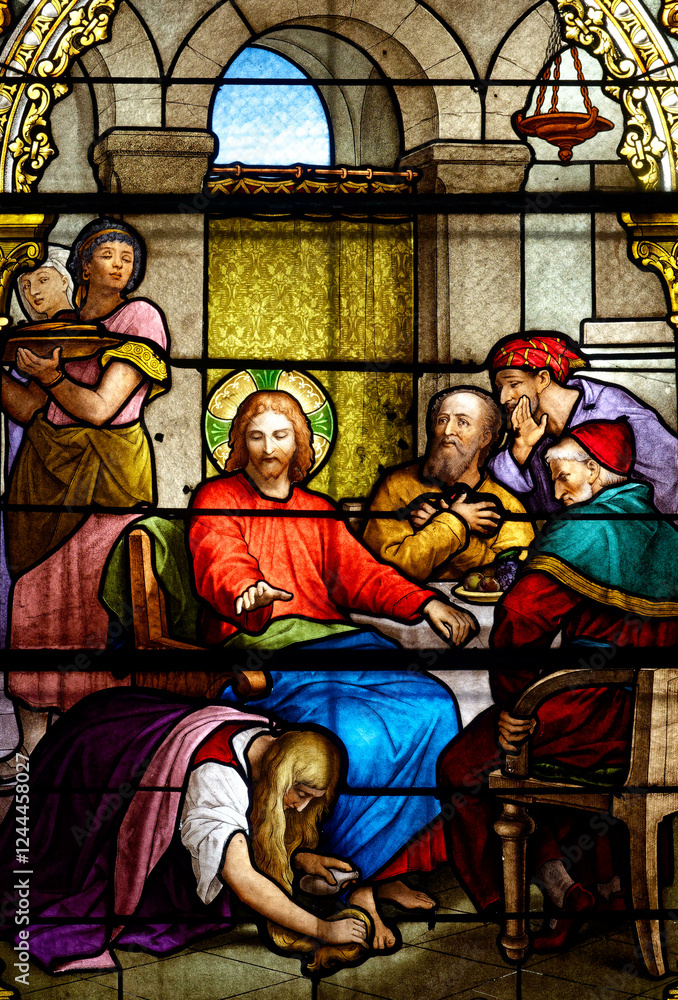 Stained glass (19th century) of Saint Mary Magdalene washing the feet ...