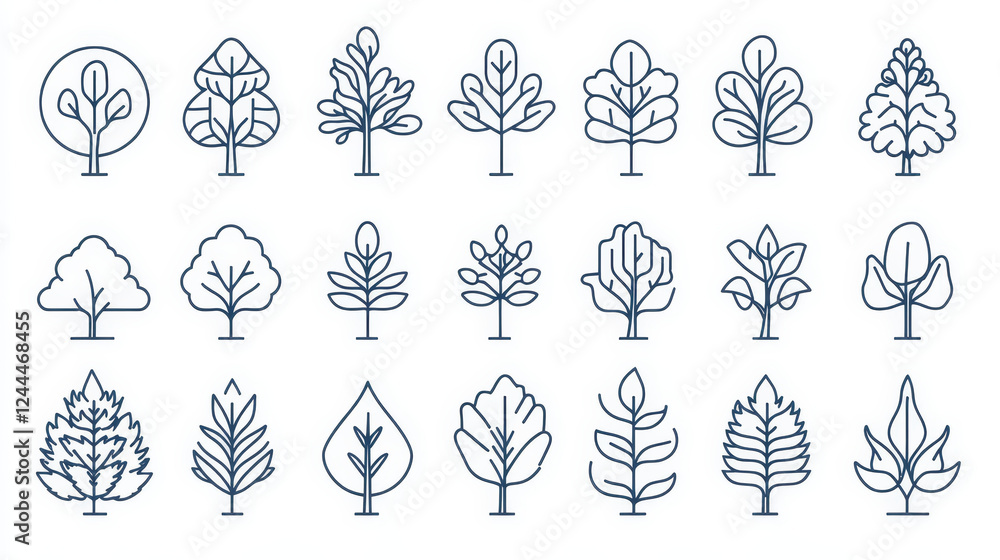 Forest tree and plant outline icons. Isolated garden and park trees ...