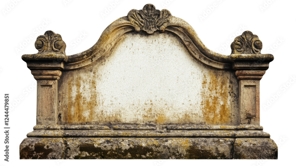 Old stone sign with decorative frame showing a blank surface with ...