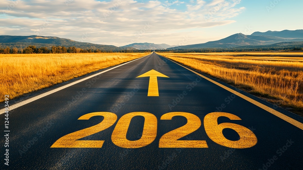 Golden 2026 numbers painted on a highway with a forward arrow amid a vast prairie landscape ...
