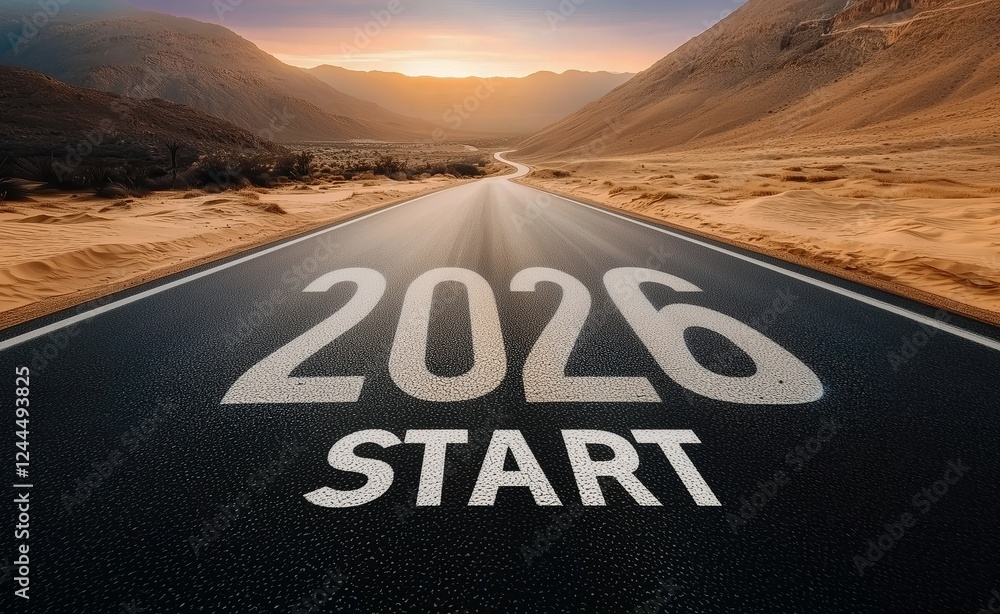 Desert highway with 2026 START text painted on asphalt creating ...