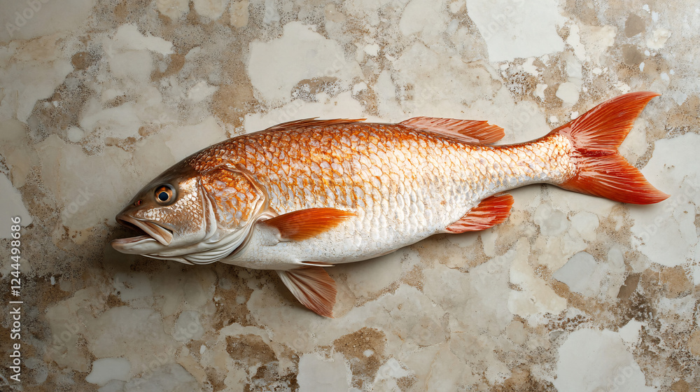 A fresh red fish with shiny scales lying on a marble surface capturing ...