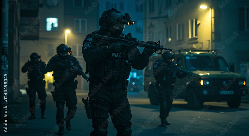 Special forces tactical unit conducting night operation in urban ...