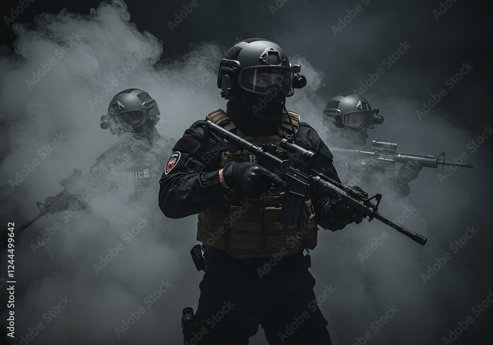 Special forces tactical unit in smoke. Police SWAT team member with ...