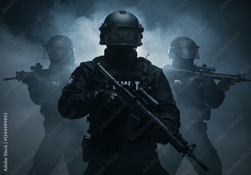 Special forces swat team in tactical gear and helmets standing in smoke ...