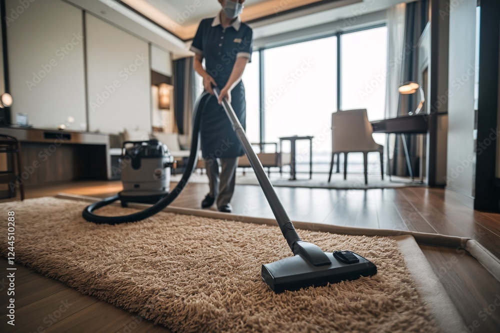 Hotel Room Cleaning Service. Image shows a hotel cleaning lady, wearing ...