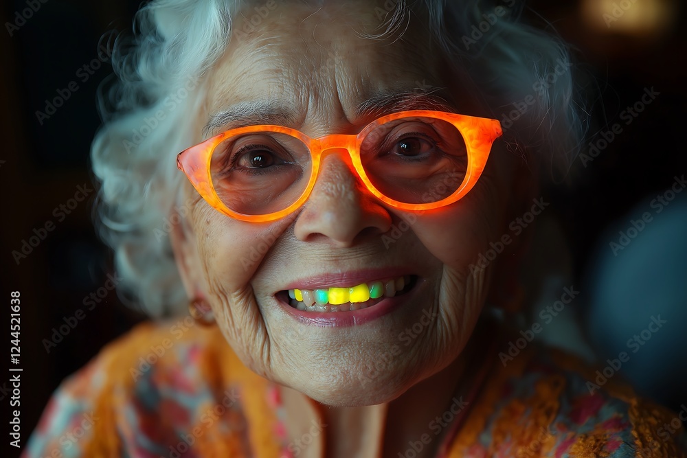 grandma showing her sparkling and neon glowing teeth with a wide open ...