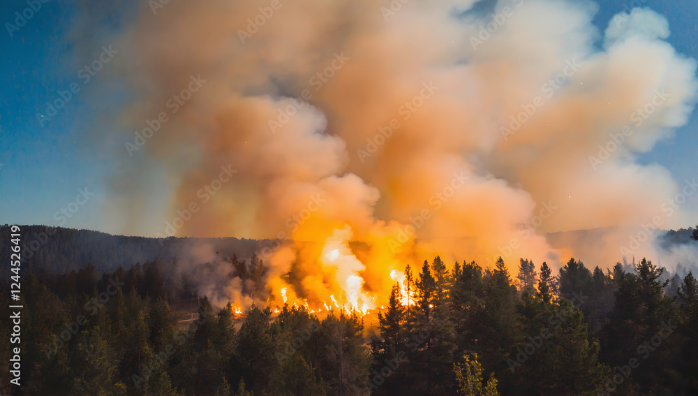 Towering flames consume a dense forest, smoke billowing into the night sky. Stock Illustration ...