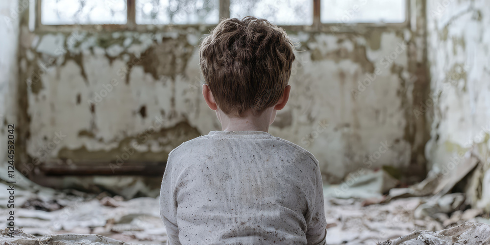 A grubby sad child sits on a dirty bed in an old broken room. Neglect ...