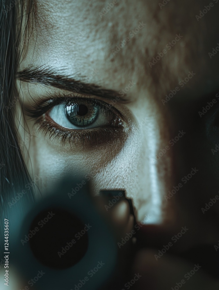 High-resolution stock image of a female sniper with intense ...