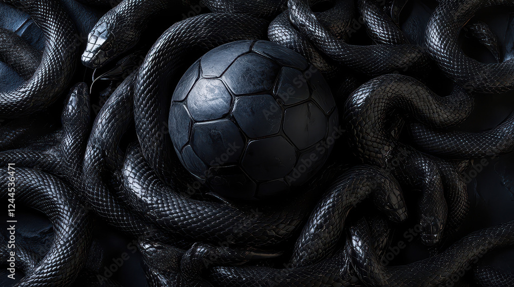 Foto de Stock Black mamba snakes coiling around dark soccer ball: a ...