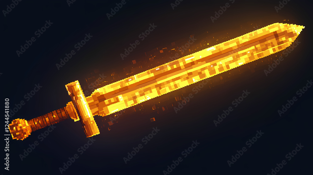 Shiny golden pixelated sword from a video game, perfect for fantasy ...