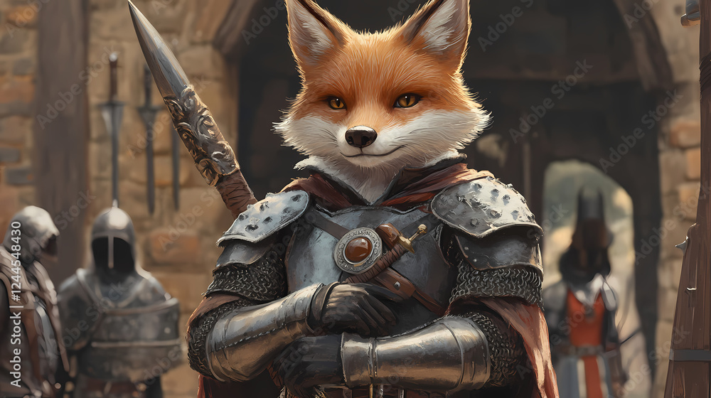 A detailed anthropomorphic fox dressed as a medieval warrior in a ...