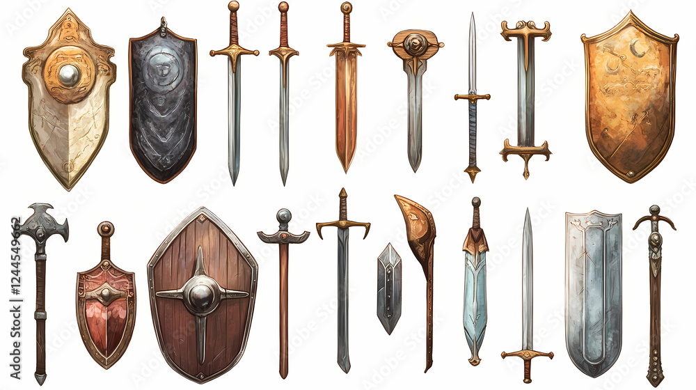 Collection of fantasy weapons and shields displayed on a white ...