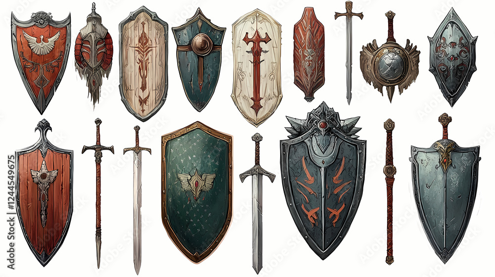 Collection of fantasy weapons and shields displayed on a white ...