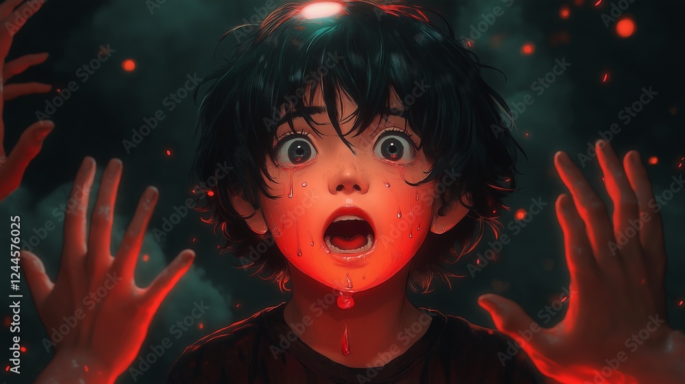 Dramatic anime-style illustration of a terrified boy crying blood ...