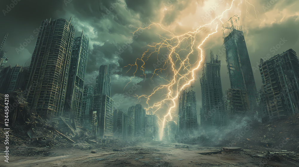 Futuristic wasteland with inverted gravity and lightning striking ...