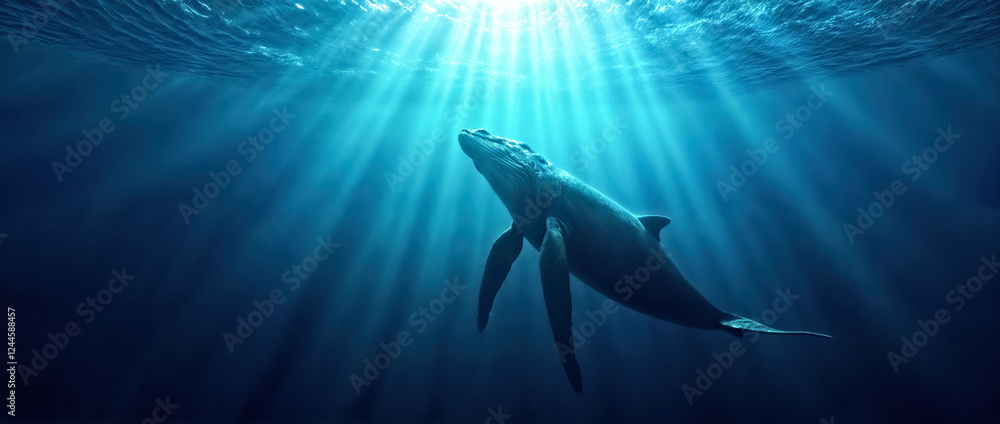 Whale Silhouette Swimming Underwater with Blue Sunlight Beams Shining ...