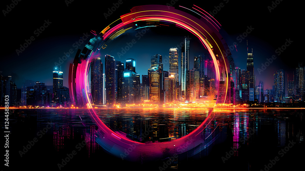 A futuristic city skyline splits open as a circular rift reveals a ...