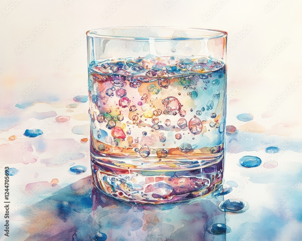 Elegant watercolor of microscopic plastic particles inside a glass of ...