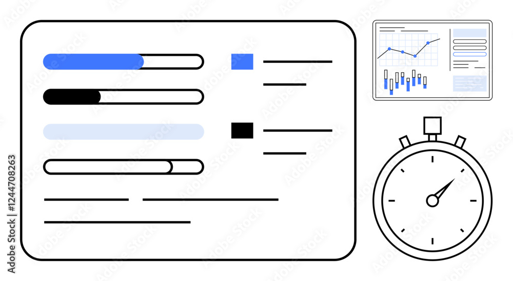 Progress bars and checklist on dashboard, line graph and bar chart on ...