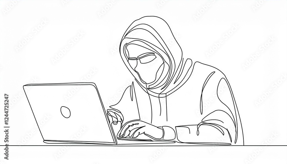 Ilustración de Stock continuous single line drawing of computer hacker ...